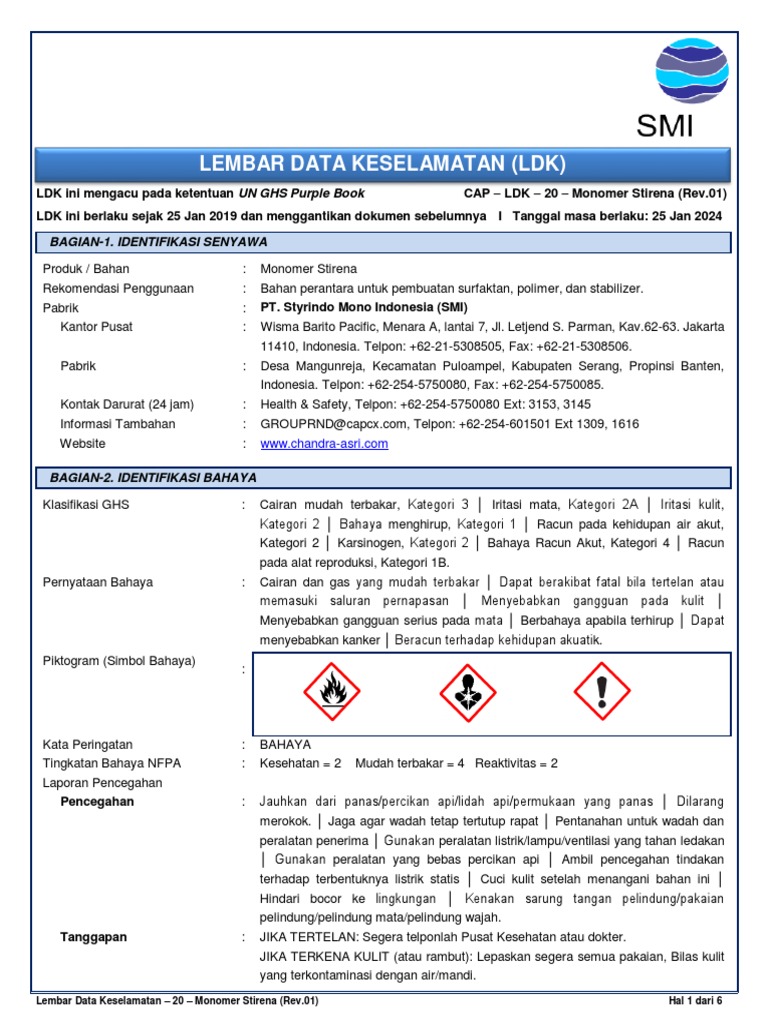 Lembar Data Keselamatan Monomer Stirena | PDF