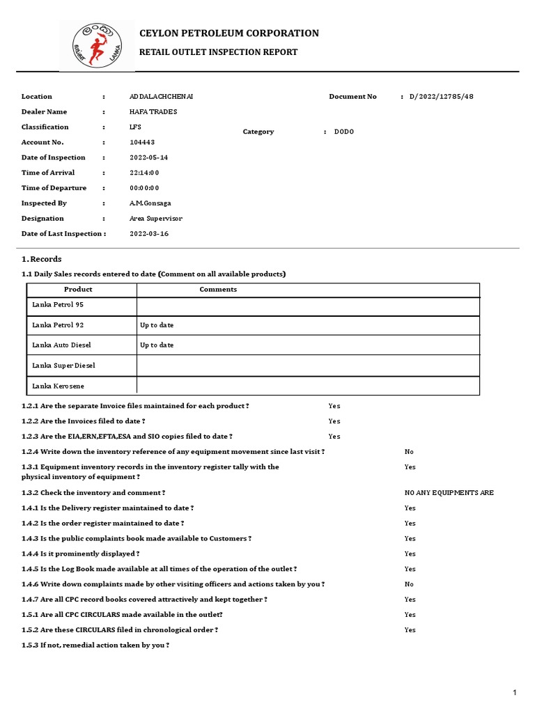 Ceylon Petroleum Corporation: Retail Outlet Inspection Report | PDF ...