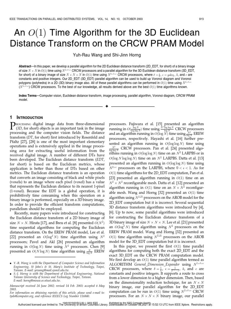 An O1 Time Algorithm For The 3D Euclidean Distance Transform On The CRCW PRAM Model | PDF ...