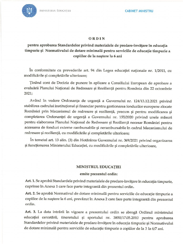 Ordin Aprob Standardelor Priv Mat de Predare-Invatare in Educatia ...