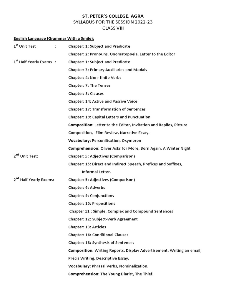Syllabus Class Viii 2022-23 | Download Free PDF | Verb | Hydrogen