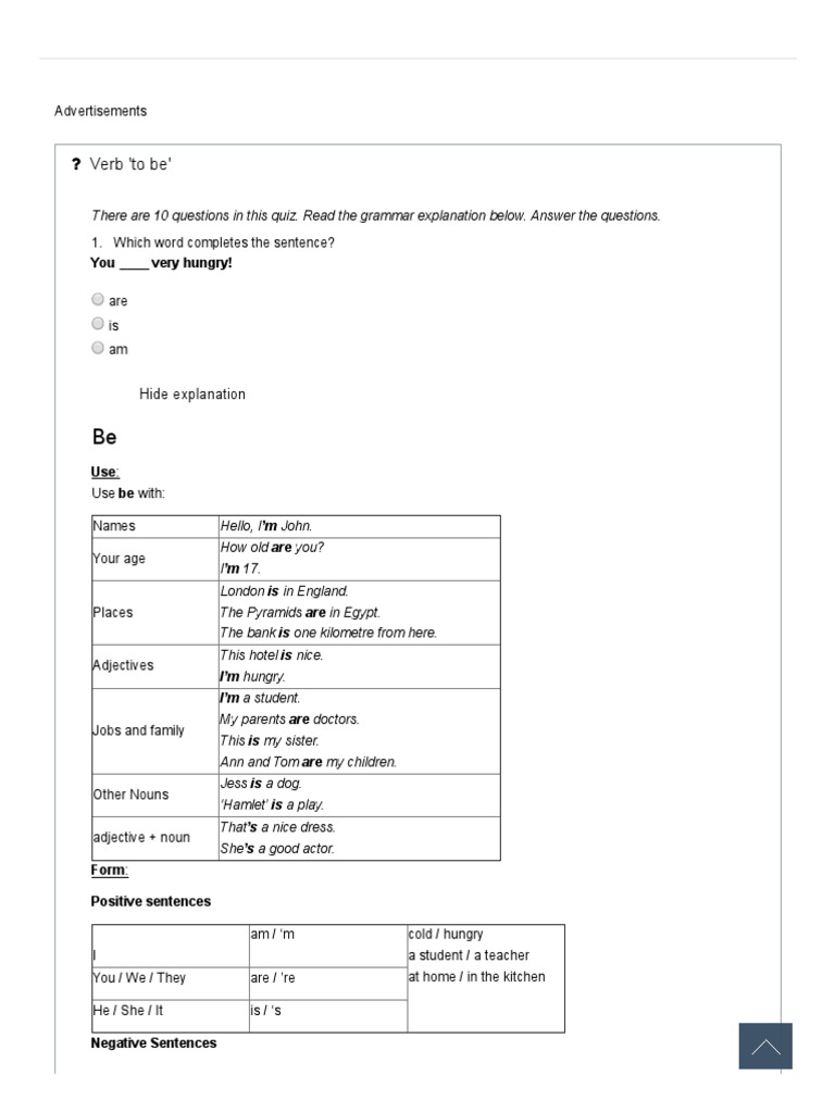 A1 Grammar - Verb 'To Be' | PDF | Adjective | Question