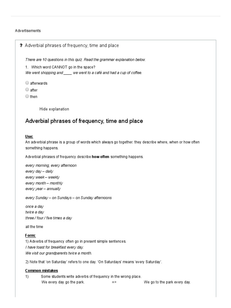 A2 Grammar - Adverbial Phrases of Frequency, Time and Place | PDF | Adverb | Verb
