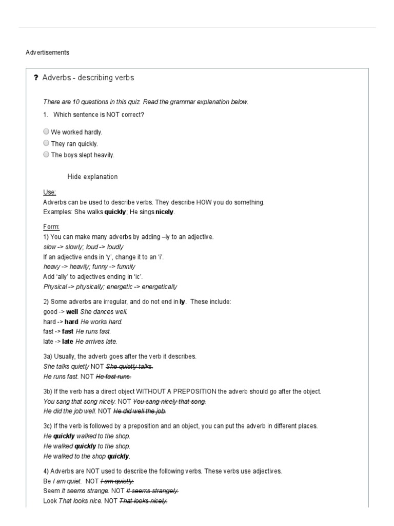 A2 Grammar - Adverbs - Describing Verbs - Free Practice Test | PDF ...