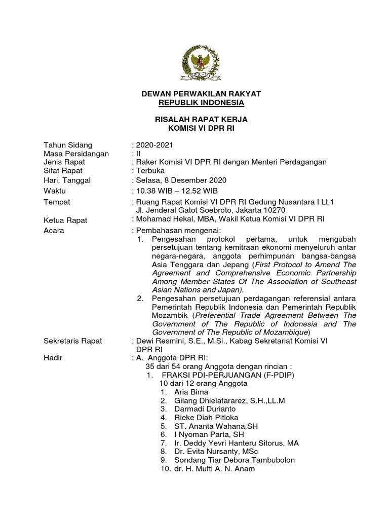 Dewan Perwakilan Rakyat Republik Indonesia Risalah Rapat Kerja Komisi ...