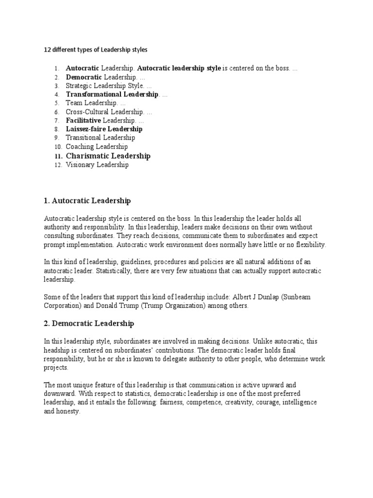 12 Types of Leadership Styles Explained | PDF | Leadership ...