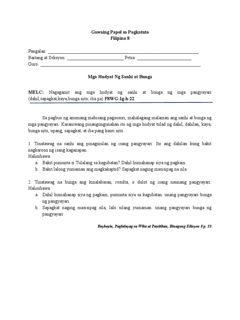 Filipino 8 - Hudyat NG Sanhi at Bunga | PDF
