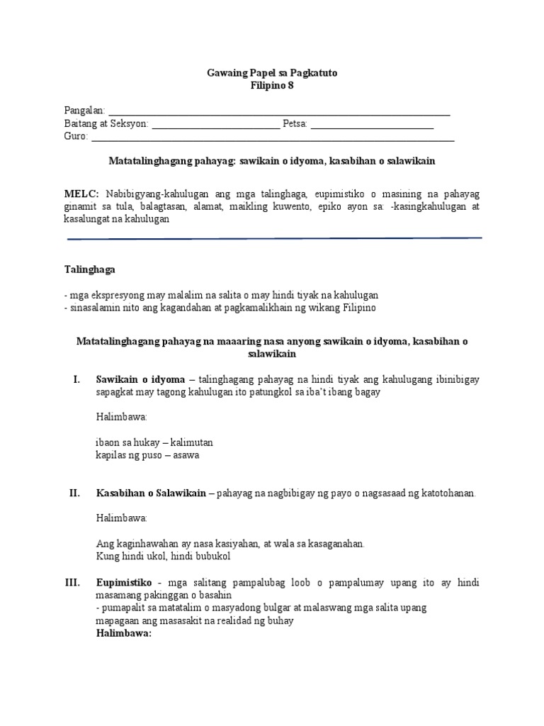 Filipino 8 - Matatalinghagang Pahayag | PDF Filipino 8 - Matatalinghagang Pahayag | PDF