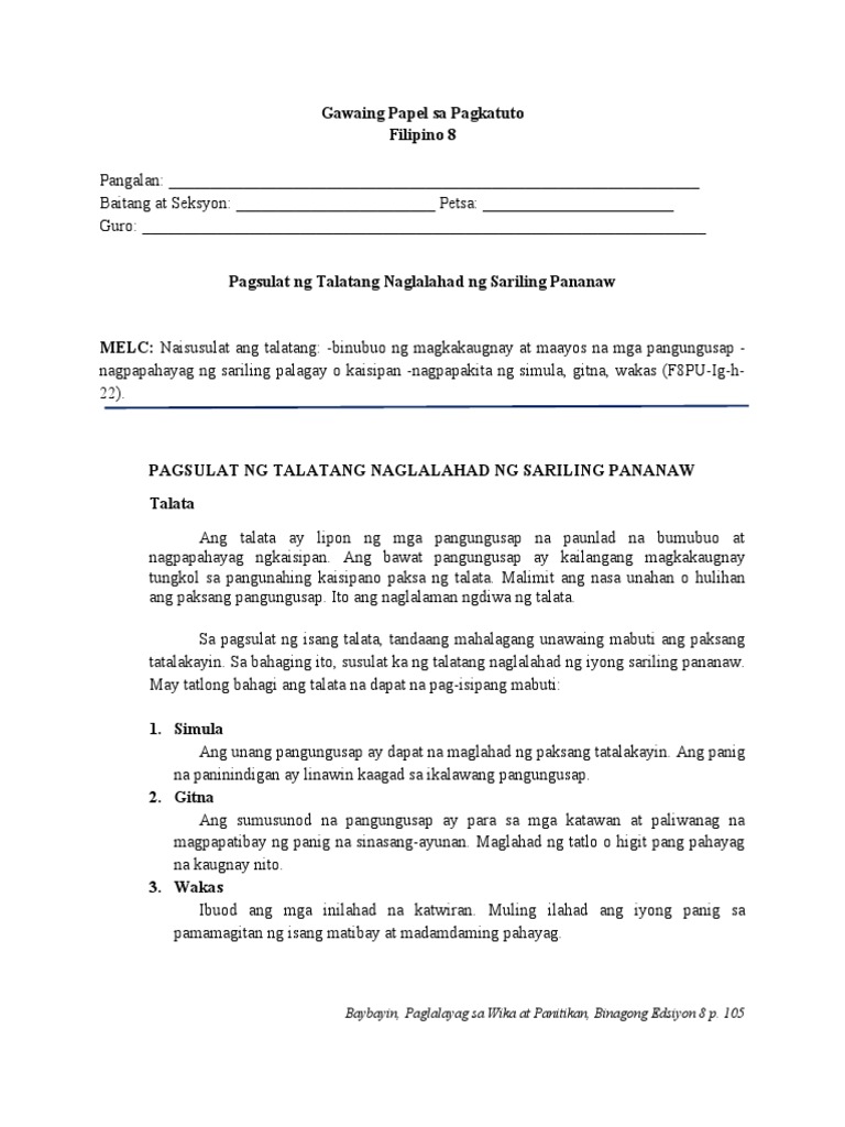 Filipino 8 - Pagsulat NG Talata | PDF
