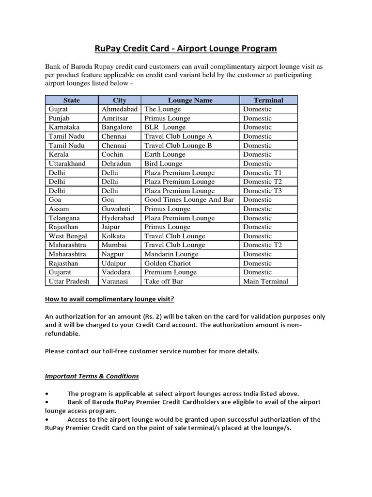 BoB RuPay Premier Lounge List | PDF | Airport Lounge | Banking