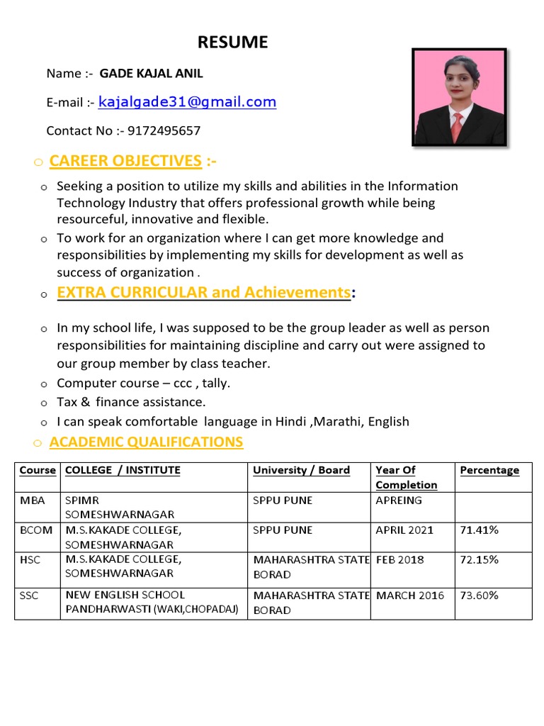 Resume of Kajal Anil Gade | PDF