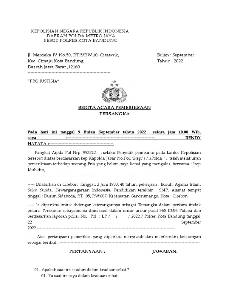 Berita Acara Pemeriksaan Tersangka | PDF