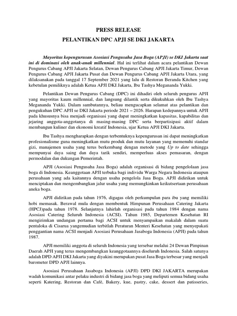 PRESS RELEASE Pelantikan DPC APJI | PDF