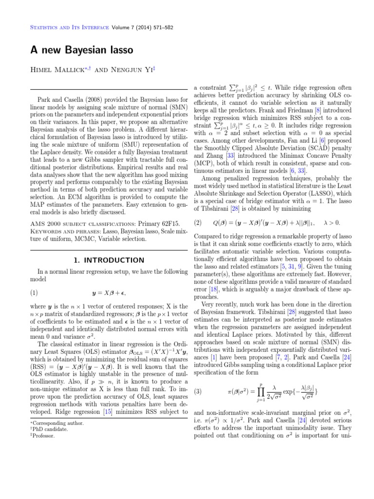 New Bayesian Lasso | PDF | Bayesian Inference | Linear Regression