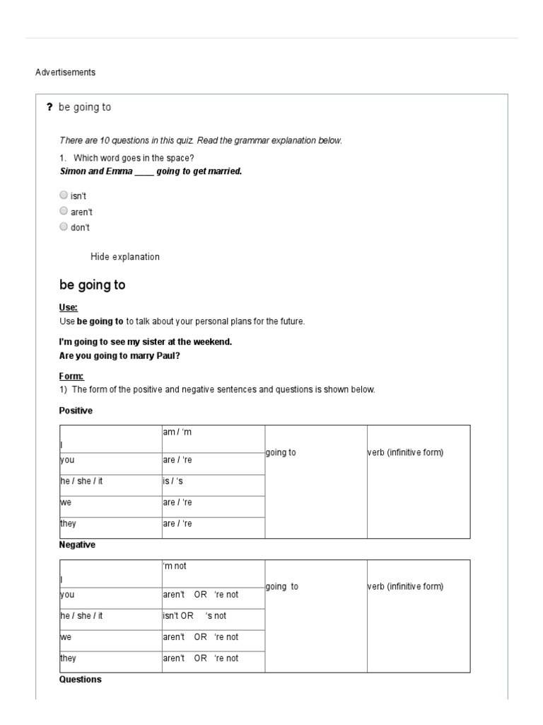 A2 Grammar - Be Going To | PDF | Verb | Human Communication