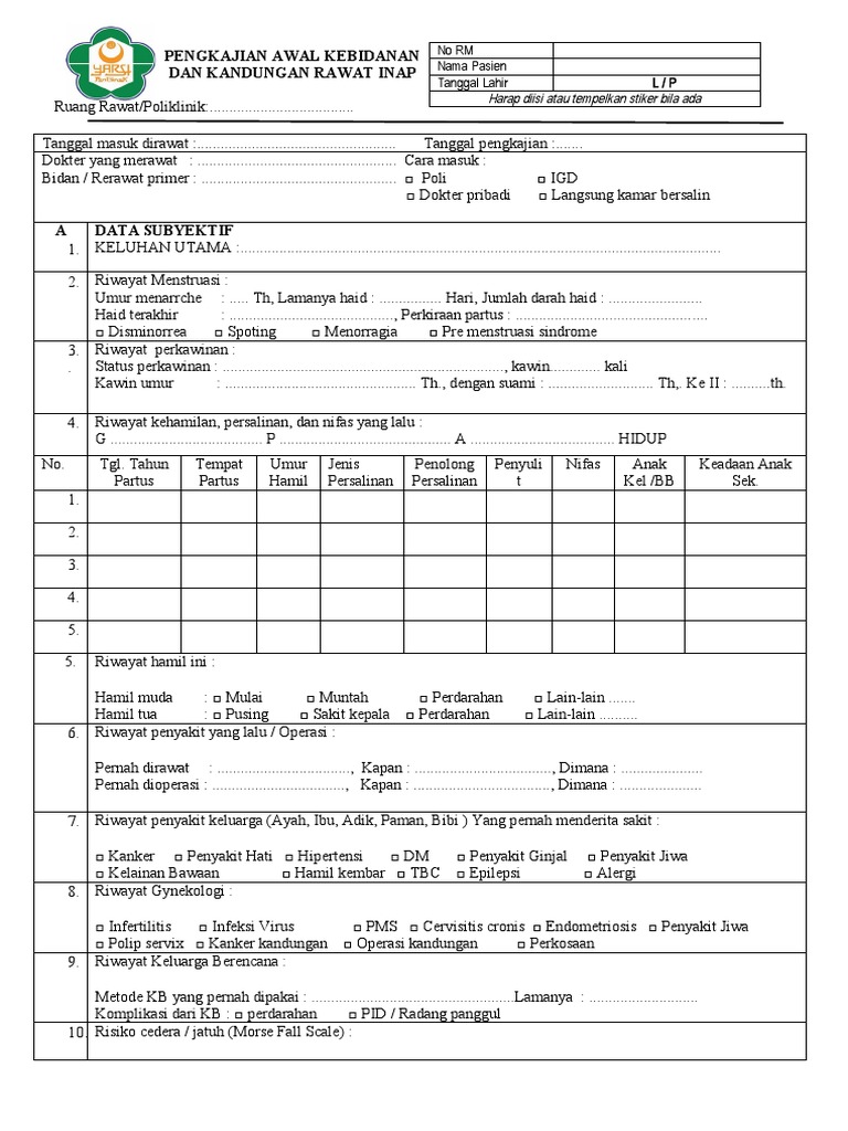 Pengkajian Awal Asuhan Kebidanan Dan Kandungan Rawat Inap | PDF