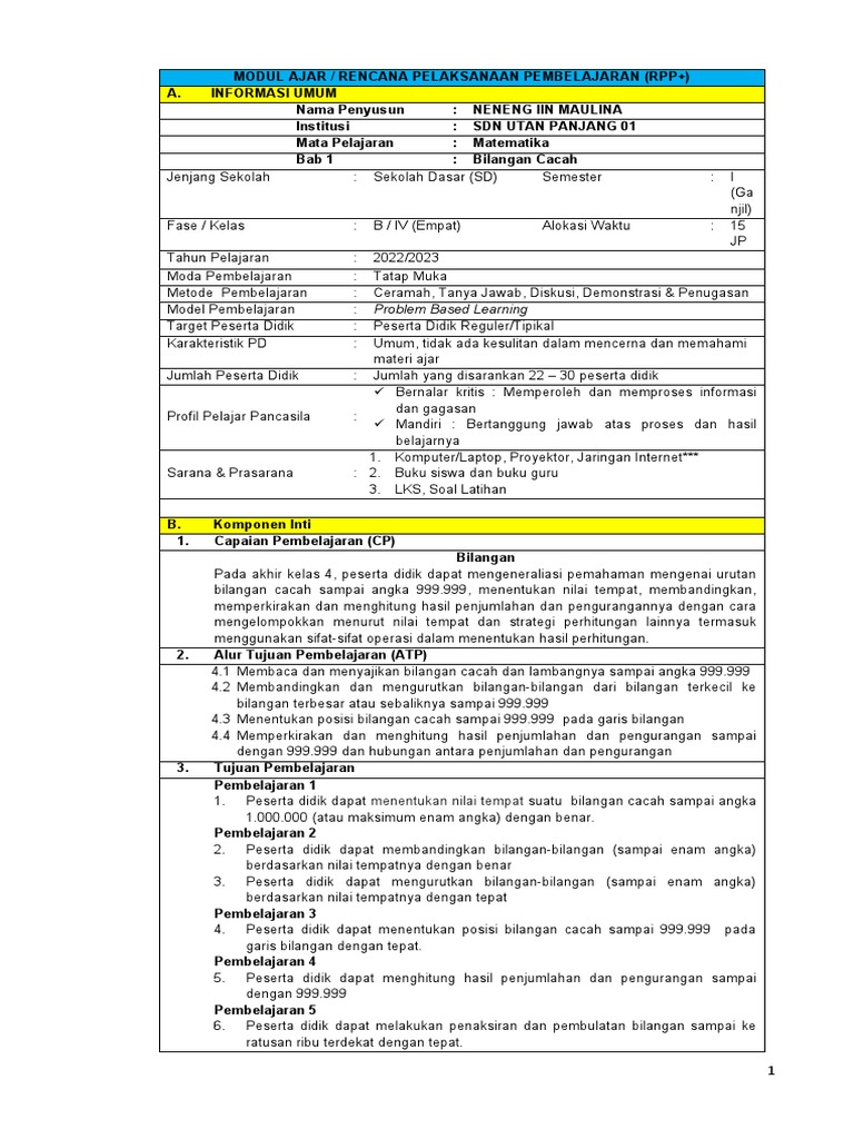 RPP MTK Kls IV Sms 1 | PDF
