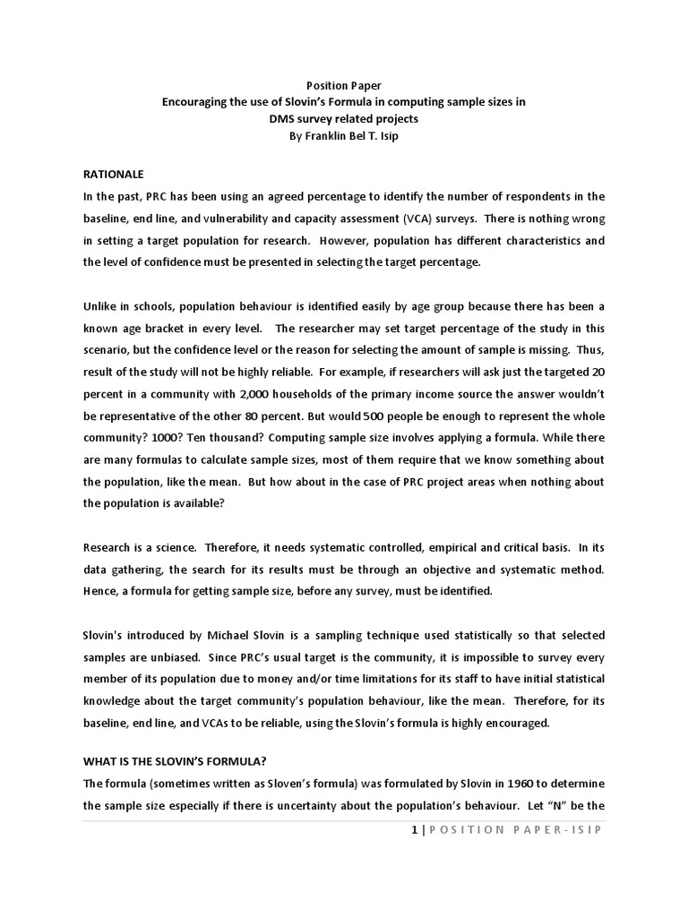 Slovin's Formula for PRC Surveys | PDF | Sampling (Statistics ...