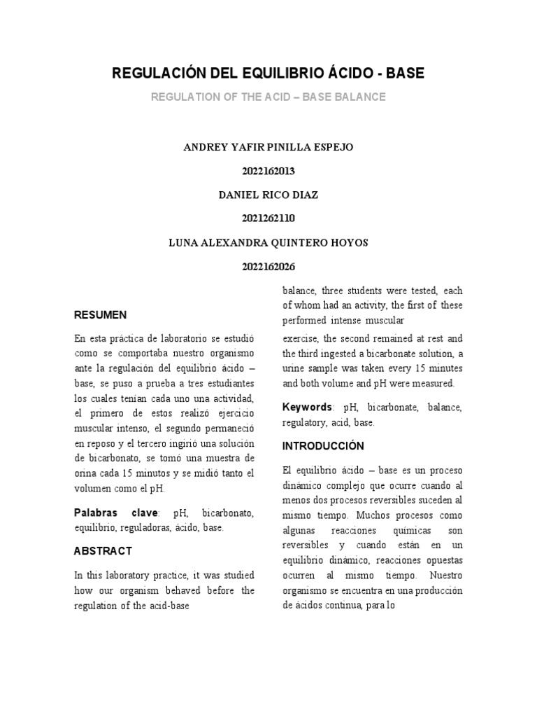 Informe Regulación Del Equilibrio Ácido - Base | PDF | Solución tampón | Homeostasis