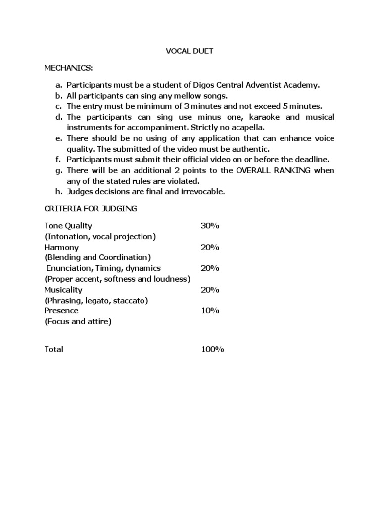 Vocal Duet Contest Criteria and Mechanics | PDF | Art