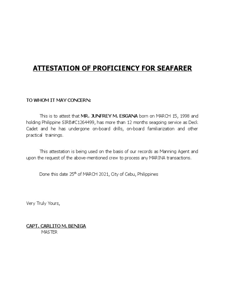 Attestation of Proficiency For Seafarer | PDF