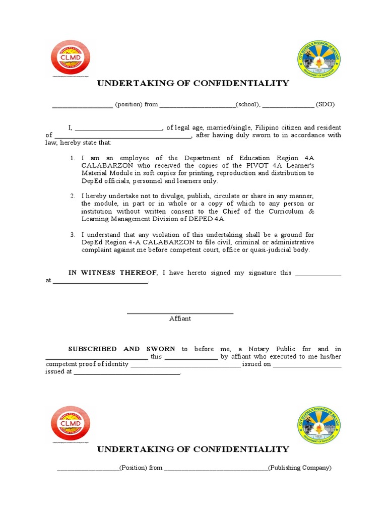 DepEd Confidentiality Undertaking 2024 | PDF | Affidavit | Social Institutions