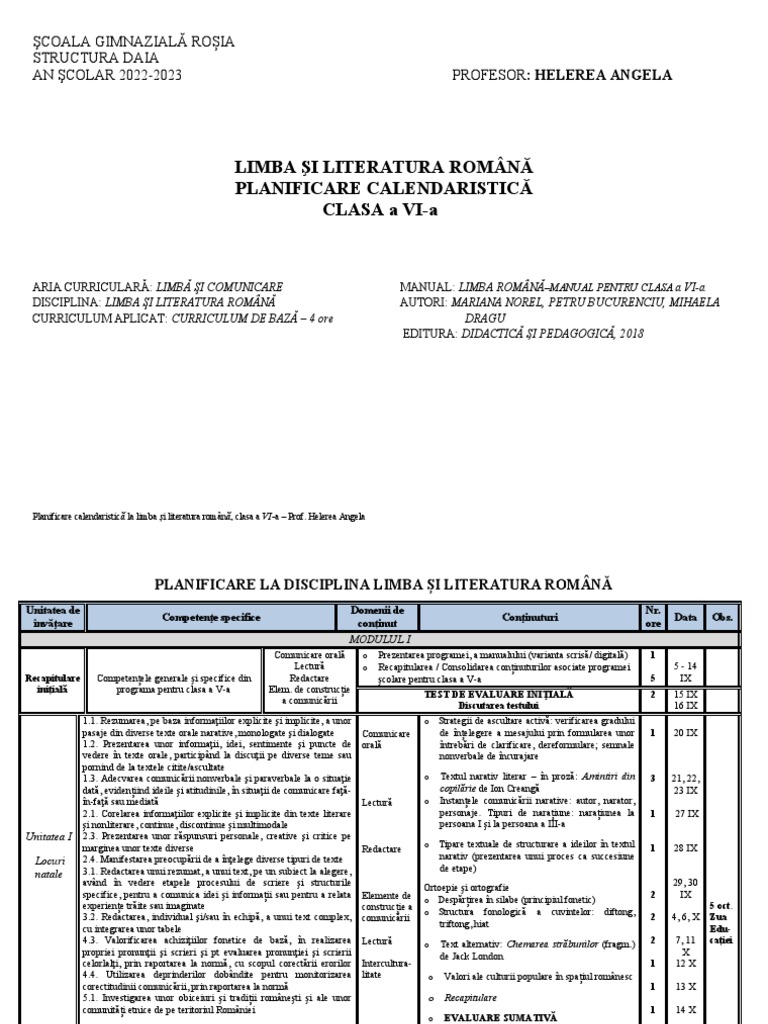 Planificare Limba Română Clasa A Vi - A - 2022-2023 | PDF