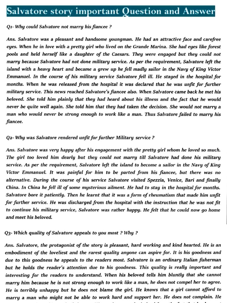 Salvatore Story Class 11 ISC Important Questions. | PDF