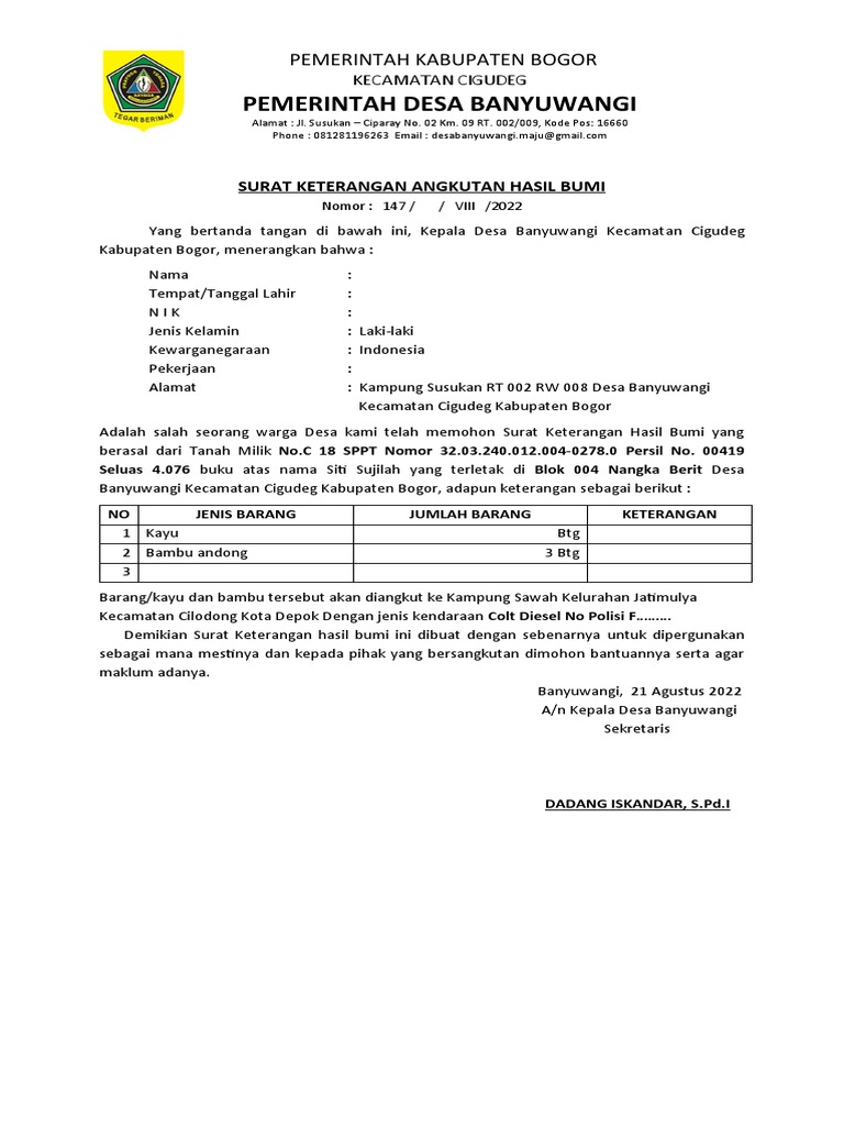 Surat Keterangan Hasil Bumi | PDF