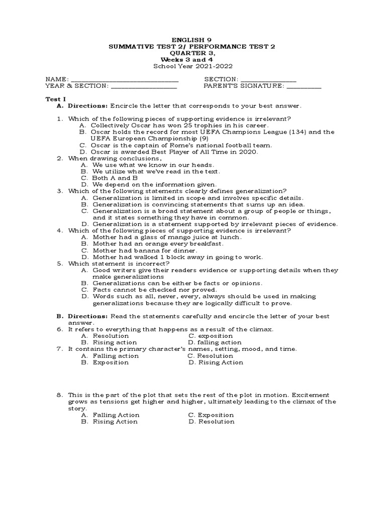 q3 WK 3 4 GD 9 Summative Test 2 | PDF | Plot (Narrative)