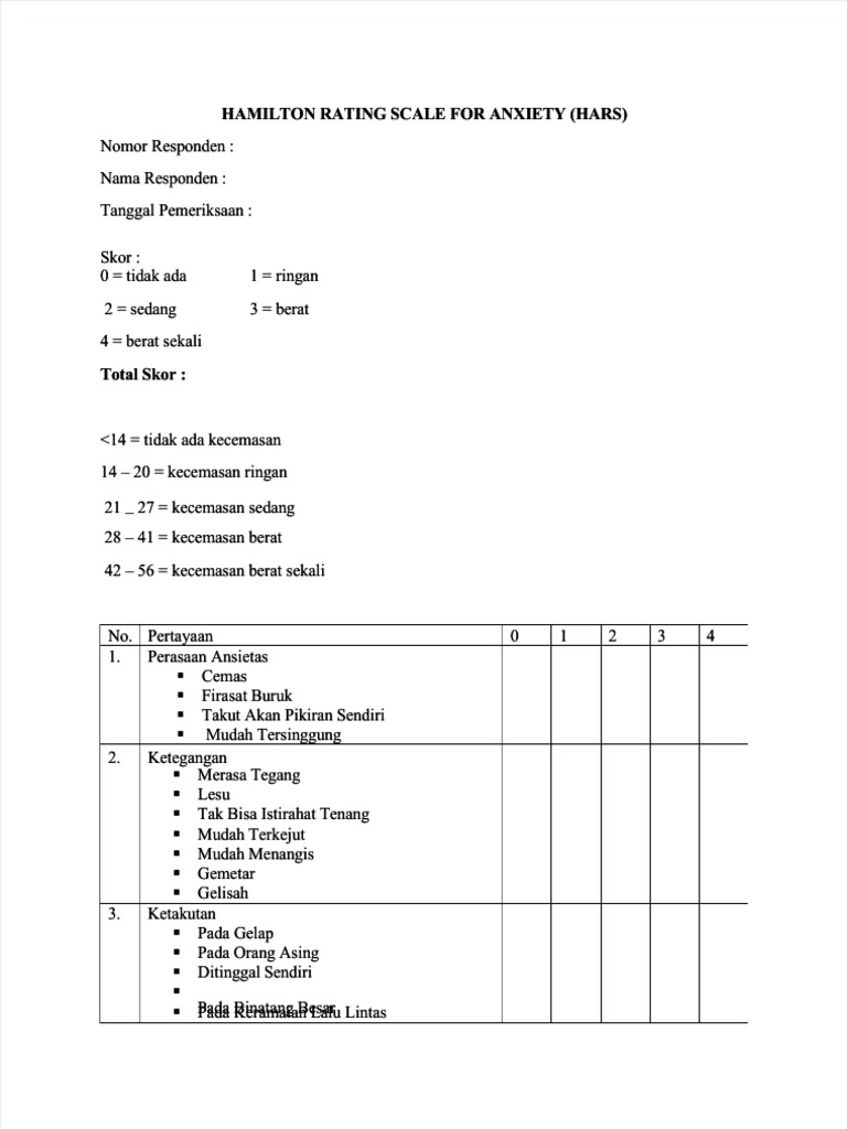 PDF Skala Hars Menurut Hamilton Anxiety Rating Scaledocx - Compress | PDF