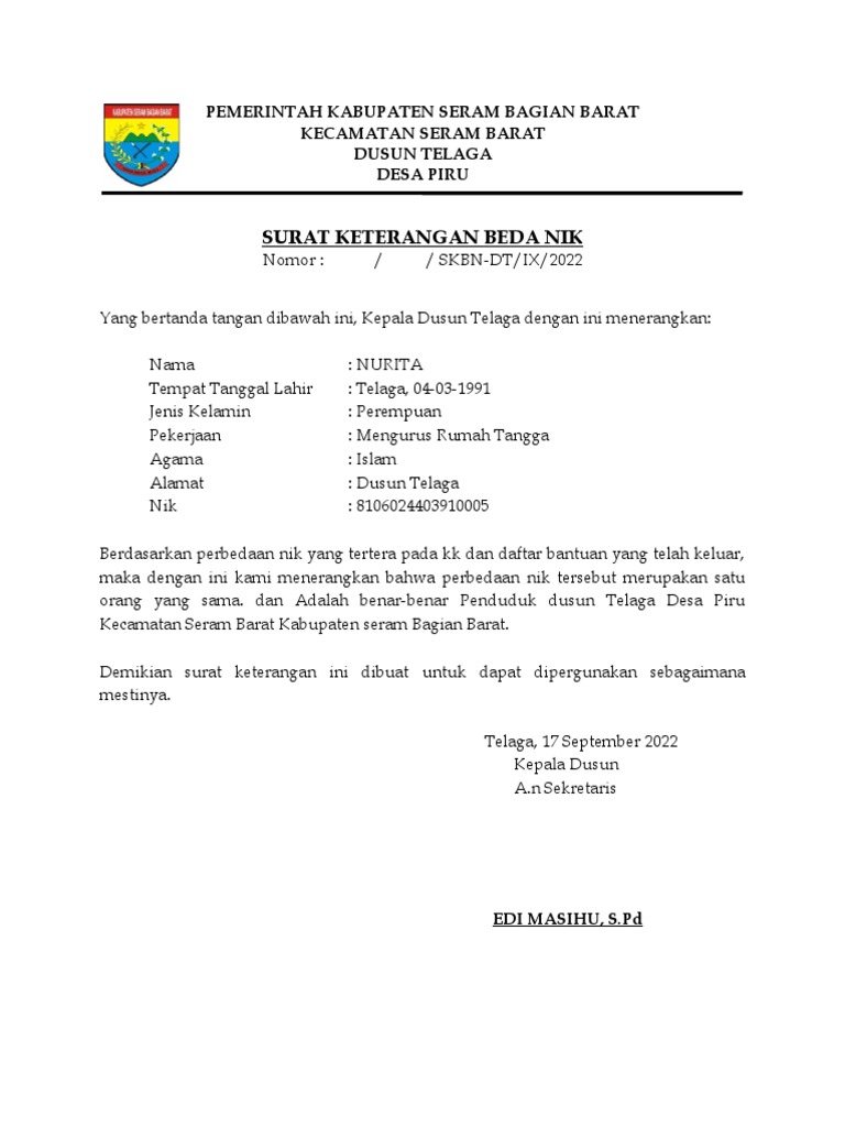 Surat Keterangan Beda Nik | PDF