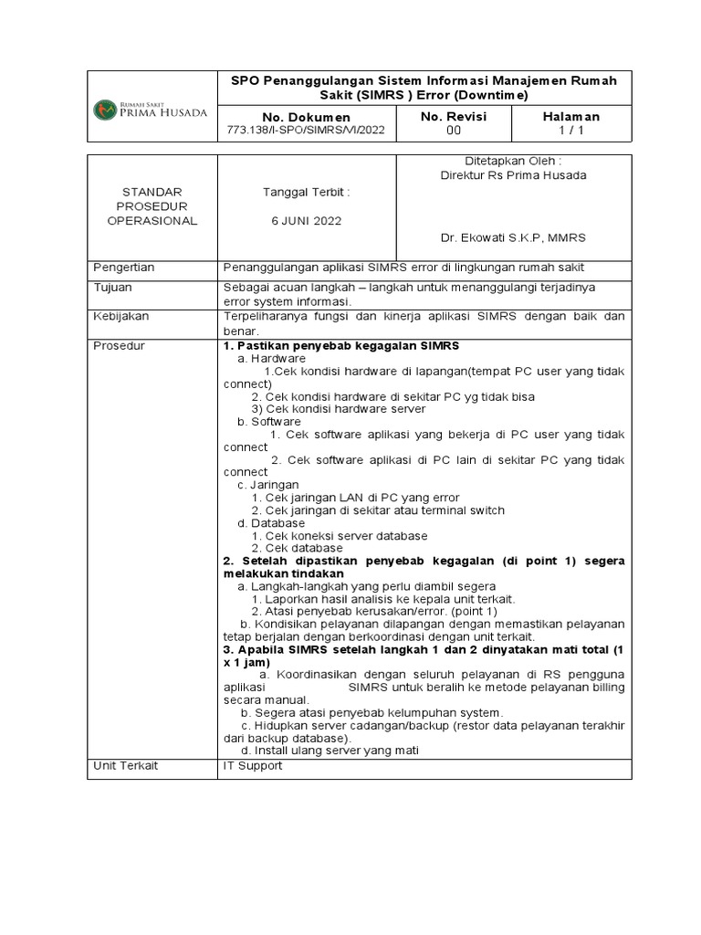 SPO Penanggulangan SIMRS Error (Downtime) | PDF
