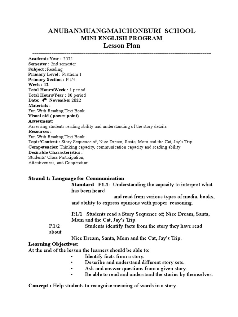Lesson Plan P1 Reading WK 12 Original | PDF | Lesson Plan | Learning