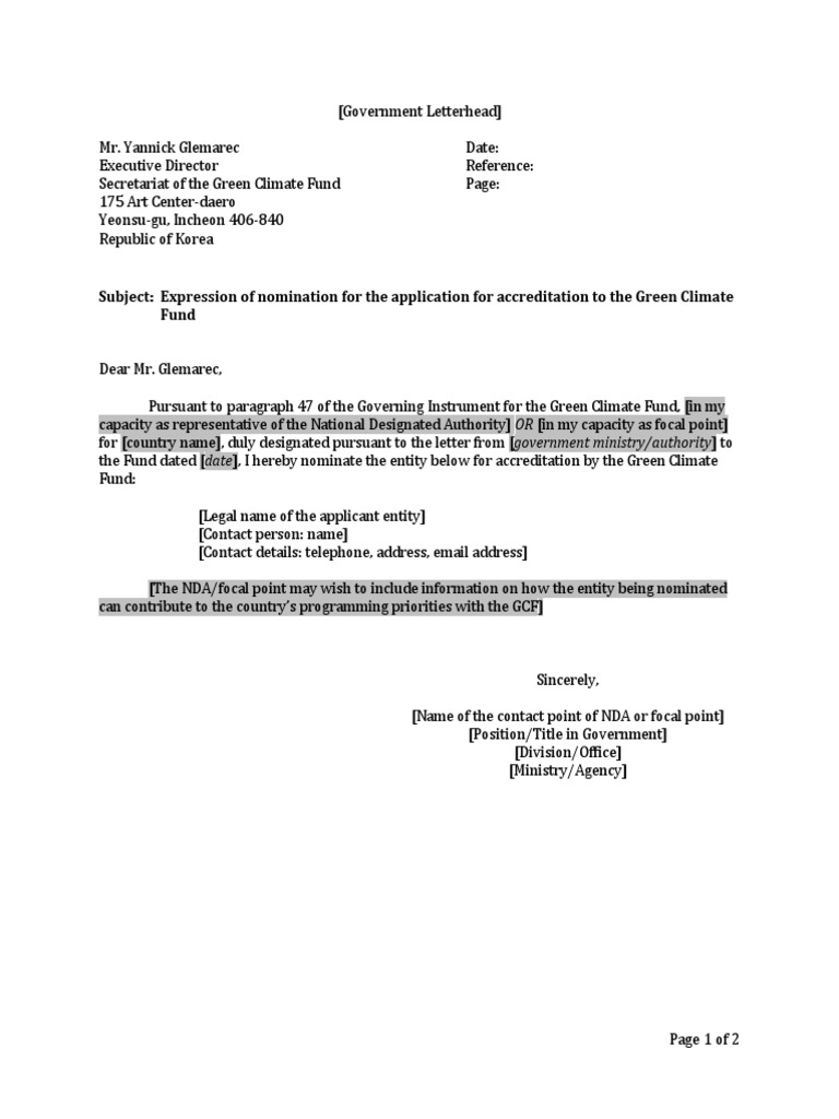 Letter GCF Nomination Entity Accreditation GCF | PDF