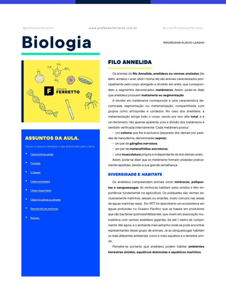 Biologia: Filo Annelida | PDF | Anatomia | Biologia