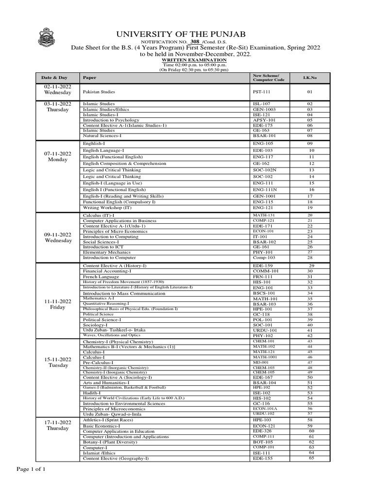Date Sheet For The BS 4 Years Program First Semester Re Sit ...