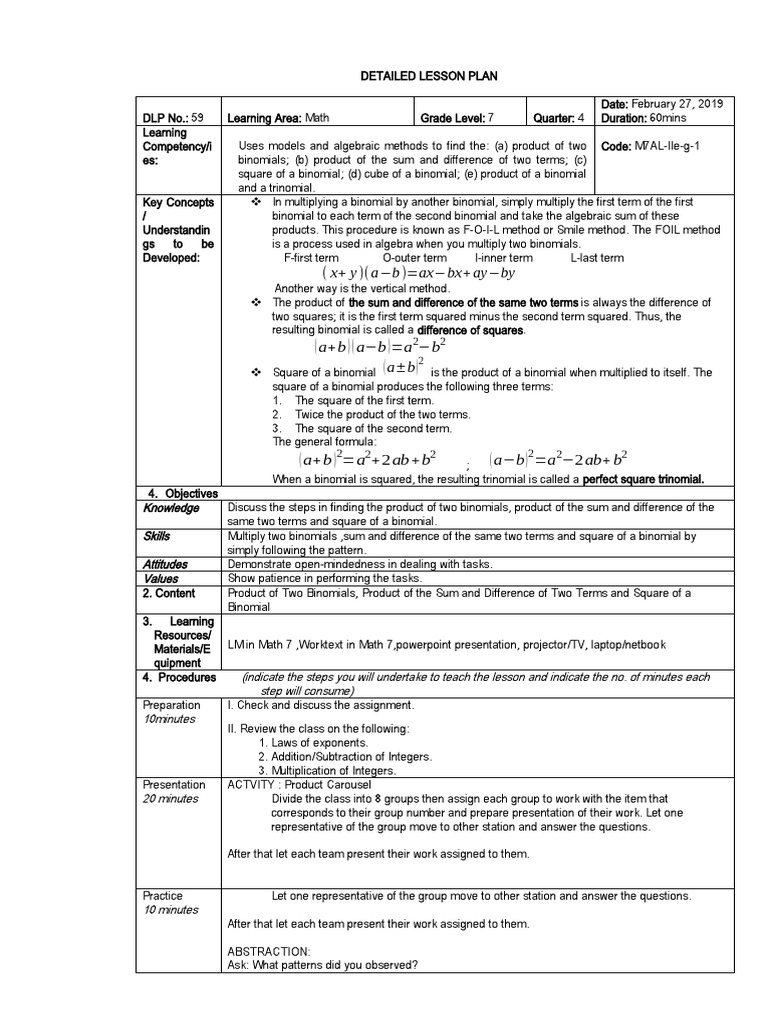 Daily Lesson Plan Grade 7 Math Sample | PDF | Multiplication | Learning