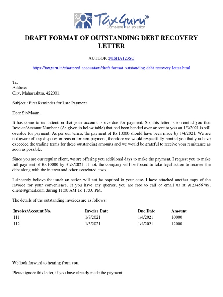 Draft Format of Outstanding Debt Recovery Letter - Taxguru - in 2 | PDF