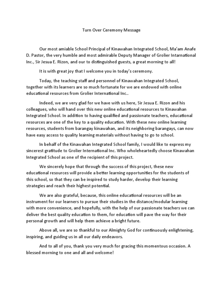 Welcome Address (Turn Over Ceremony) | PDF