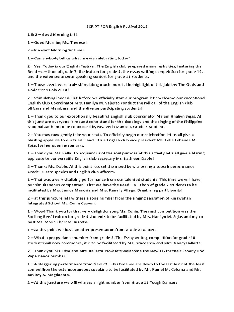 A Celebration of English: The Script for Kinawahan Integrated School's ...