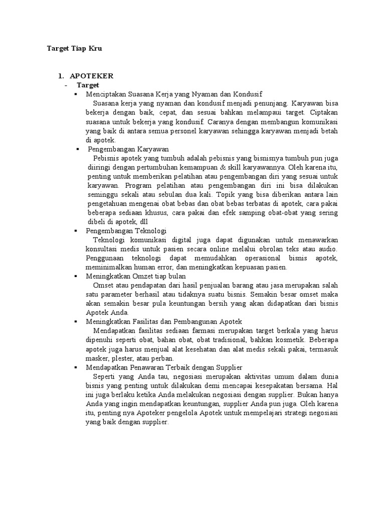 Target dan Tugas Kru Apotek | PDF | Bisnis | Pengembangan Diri