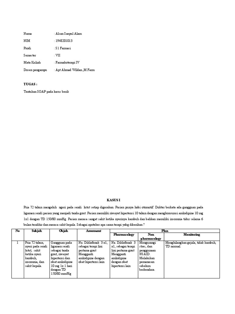 Contoh SOAP Farmakoterapi Kasus Gout dan Hashimoto | PDF | Kesehatan ...