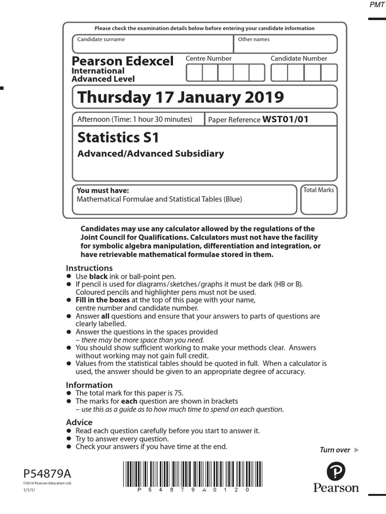 January 2019 (IAL) QP - S1 Edexcel | PDF | Science | Statistical Theory
