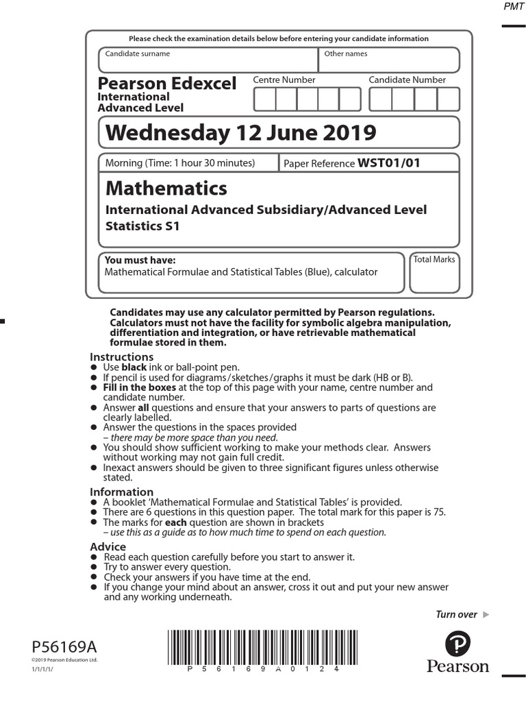 June 2019 (IAL) QP - S1 Edexcel | PDF | Standard Deviation | Mathematics