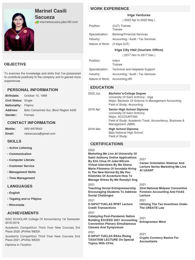 Marinel Sacueza Resume 1 | Download Free PDF | Accounting | Certified ...