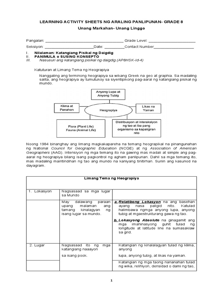 Learning Activity Sheets NG Araling Panlipunan-Grade 8 Unang Markahan - Unang Linggo | PDF