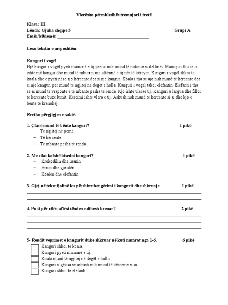 Gjuha Shqipe 3 - Test 3 GR. A | PDF