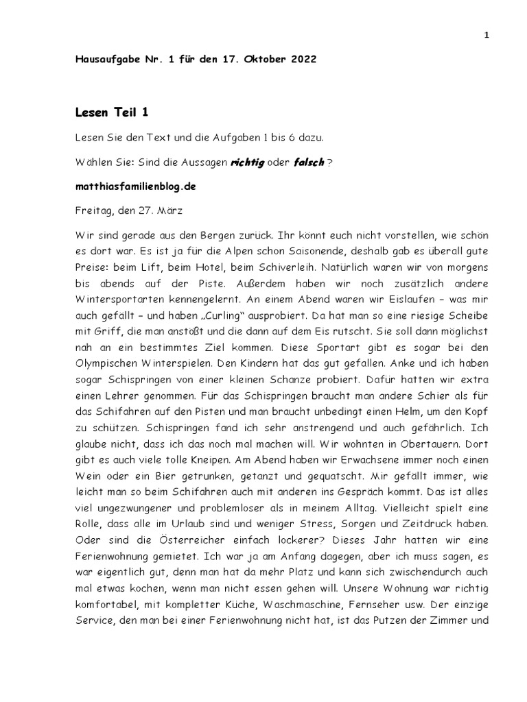 Leseverstehen b1 Nr.1 | PDF