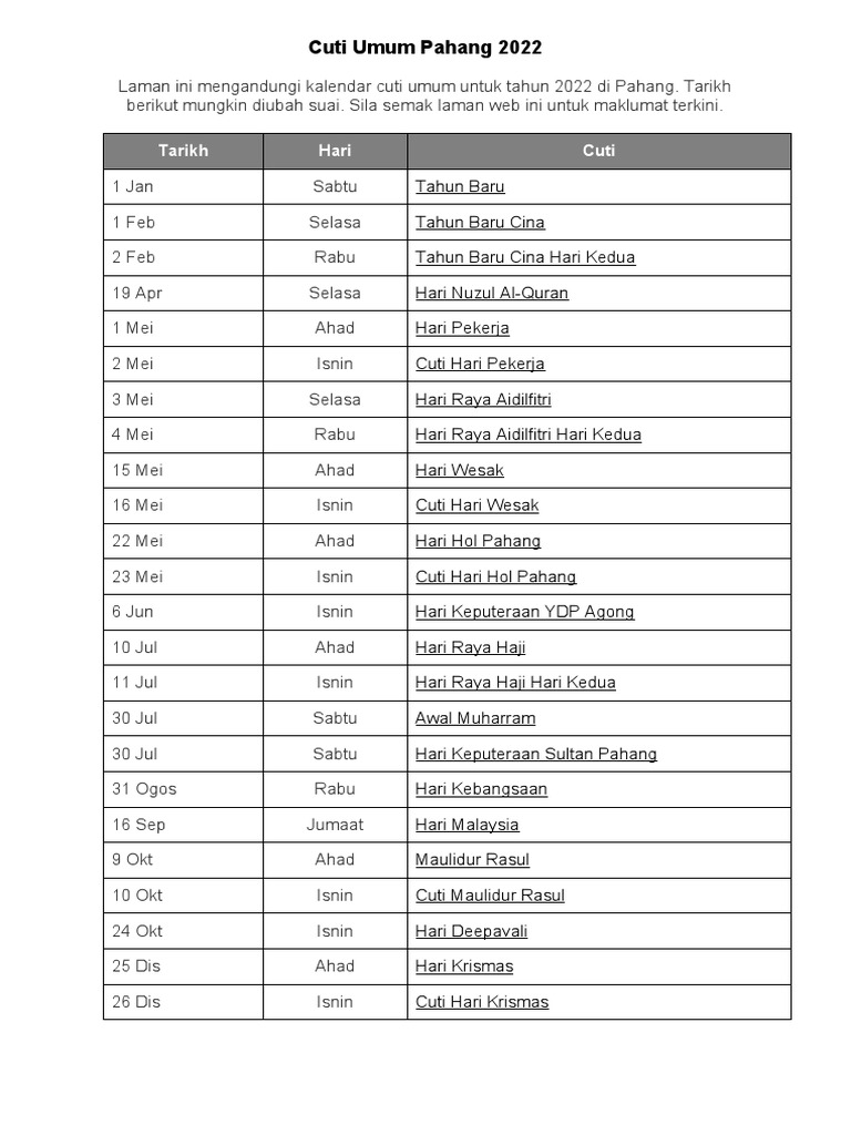 Cuti Umum Pahang 2022 | PDF